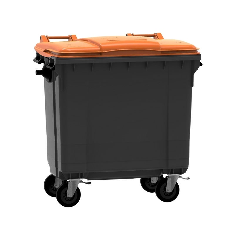 Afvalcontainer 660 liter grijs met oranje deksel - Binqer.nl